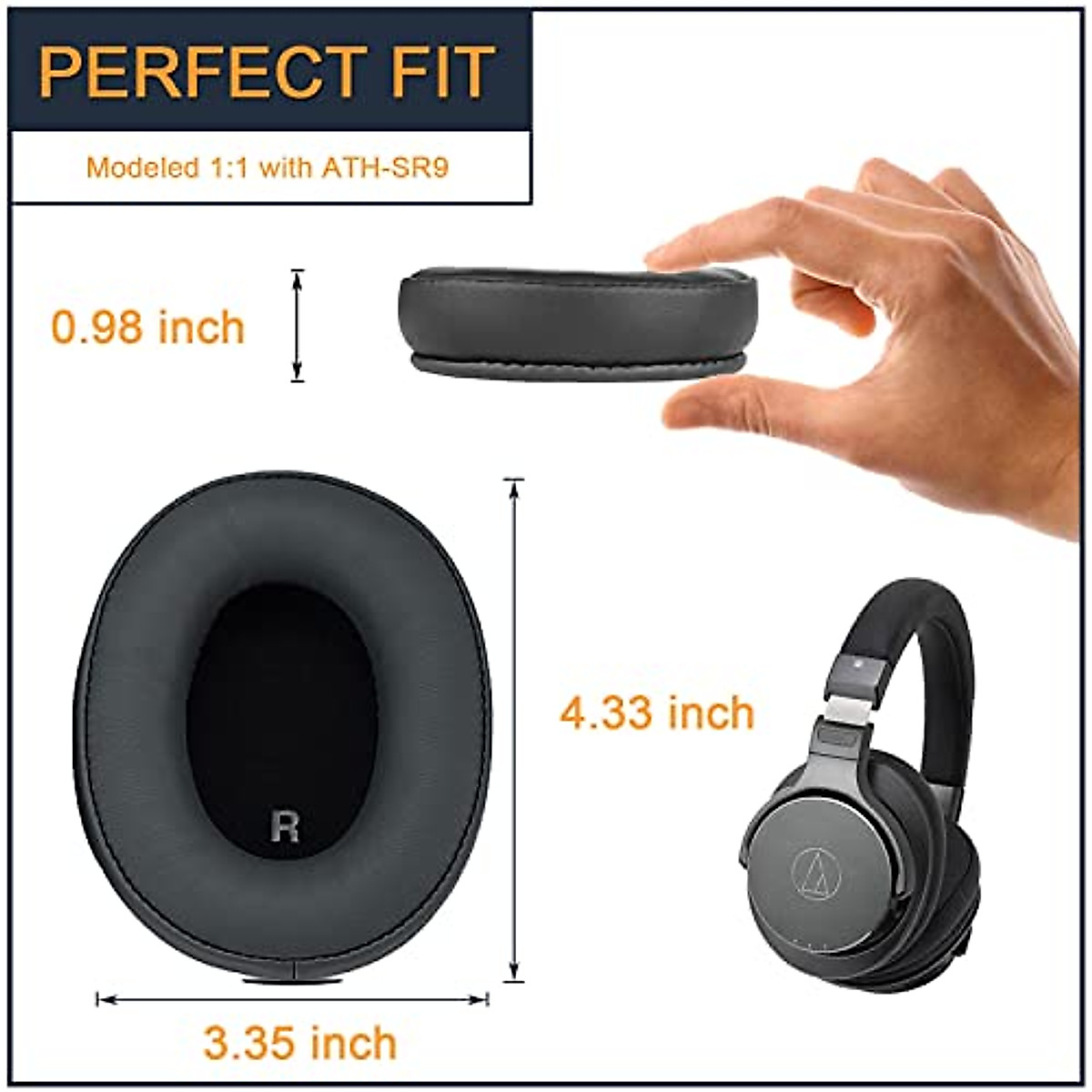 Headphones Replacement Earpads for Audio-Technica ATH-SR9/ ATH-DSR9BT/ ATH-WS990BT, Ear Pad Replacement Cushions with Protein Leather & Memory Foam