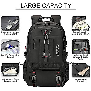 aokur Large Travel Laptop Backpack with Wet Bag Shoe Compartment,50L Expandable Flight Approved Backpack,17.3 inch Hiking Backpack for men women,Waterproof, Black