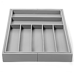 Purawood - Large Premium Bamboo Silverware Organizer - Expandable Kitchen Drawer & Utensil Organizer, 17.5" x 19.75" Cutlery Tray with Drawer Dividers for Kitchen Flatware (7-9 Slots) (Grey)