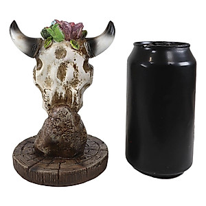Ebros Gift Southwest Aged Bone Bull Cow Steer Head Skull with Floral Succulents Sculpture On Round Wooden Slice Base As Bisons Steers Cows Fossil Faux Taxidermy Rustic Western Decor Sculpture
