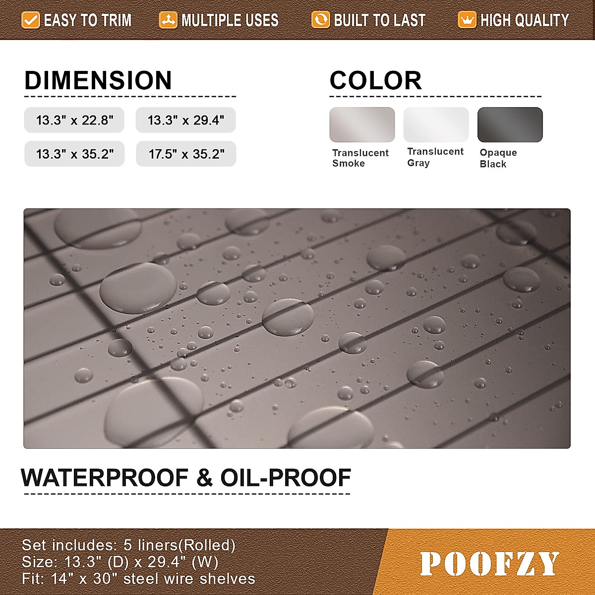 Poofzy Shelf Liners for Wire Shelving, 14 x 36 Inch Shelf Liner for Kitchen Cabinets Non-Adhesive (Rolled 5PK, Grey)