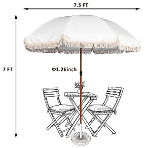 Funsite 7.5Ft Patio Beach Umbrella with Fringe, Tassel Umbrella UPF50+ with Push Botton Tilt & Crank, Holiday Outdoor Umbrella with Carry Bag Ideal for Garden, Lawn, Deck, Yard&Pool, White