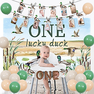 Fangleland Mallard Duck 1st Birthday Decorations for 1 Year Old Boy, One Lucky Duck Theme Boy First Birthday Party Supplies with Cake Topper, Backdrop, High Chair Banner, Balloons