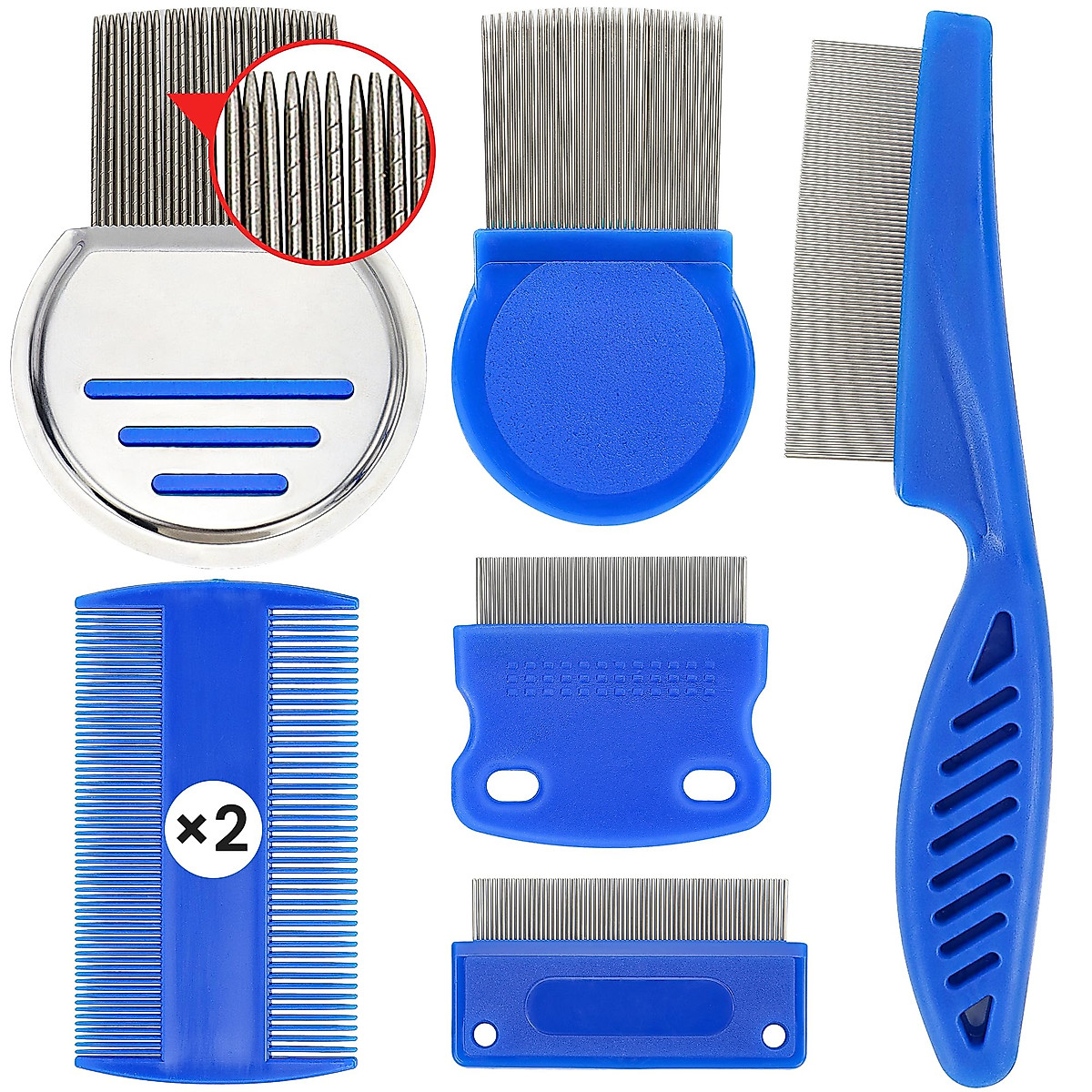 Lice Removal Comb Kit 7 Pcs, Flea and Tick Comb Lice Treatment, Stainless Steel Thread Dandruff Comb, Nit Combs for Thick Hair, Kids, Adults & Pets