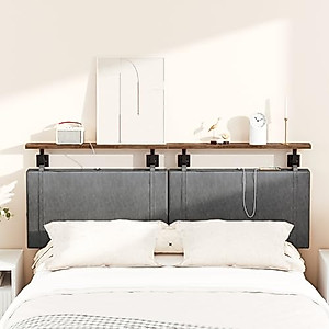 HOOBRO Queen Size Headboard, Wall Mount Hanging Headboard with 4 USB Ports and LED Light, PU Upholstery, Open Storage Shelf, for Bedroom, Bar, Dining or Entryway, Rustic Brown and Gray