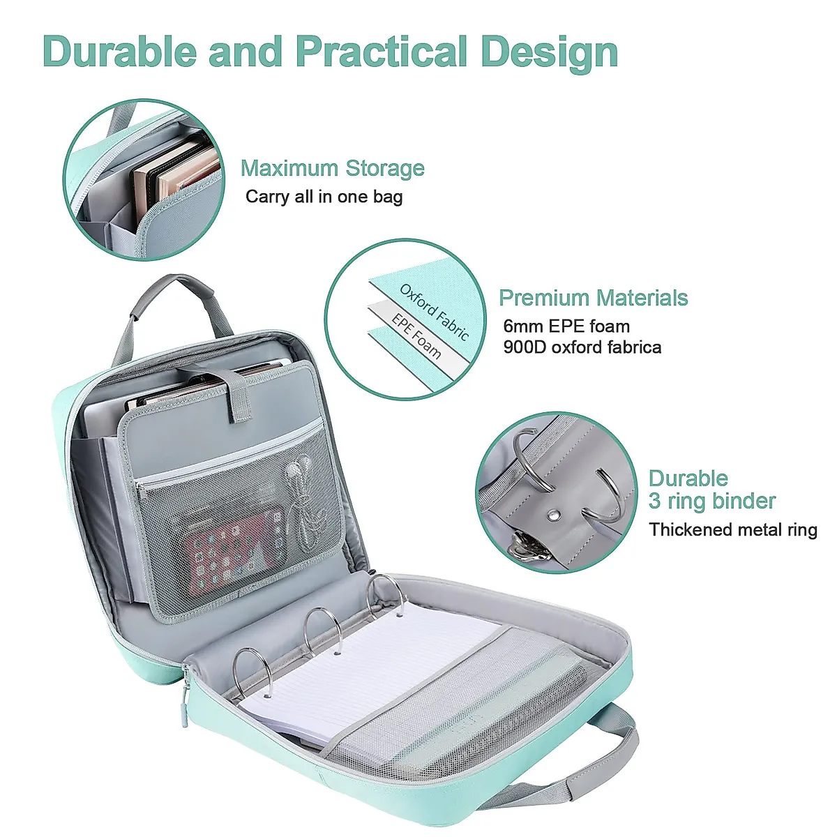 Losong 3 Ring Zipper Binder 2 Inch with Shoulder Strap 500 Sheet Capacity & Multi-Pockets for School and Office Binder Organizer, Compatible with 13-Inch MacBook/Tablet (Patent Design Light Blue)