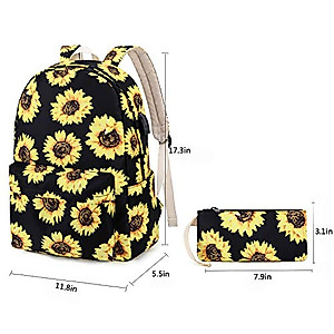Natayoo Sunflower School Backpack for Girls Women Water Resistant Laptop Backpack with USB Charging Port, Lightweight College Bookbag