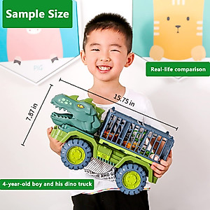 Dinosaur Transport Truck Boy Toys Car Carrier Train with 15PCS Dinosaurs 2 Crane Transport Toys for 3 4 5 6 7 Year Old Boys Girls Kids, Waterproof Mat Activity Playset (Dino Truck)