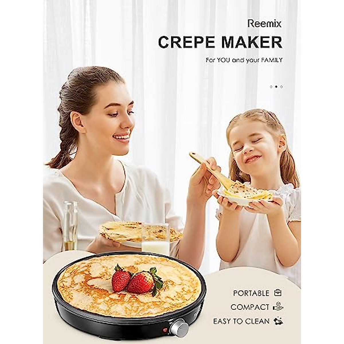 Crepe Maker Machine, Reemix Compact Pancake Griddle Precise Temperature Control, Nonstick 12” Electric Griddle, Batter Spreader for Eggs, Pancakes, Omelets and Quesadillas, Includes Spatula, Spreader