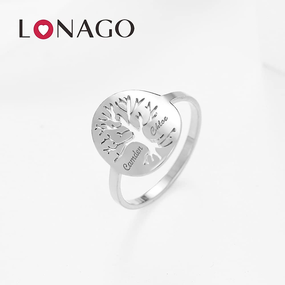 LONAGO Tree of Life Name Ring Personalized, Customize Tree Ring Engrave One Two Three Four Names Ring for Women Men (Silver Color, Sterling Silver)