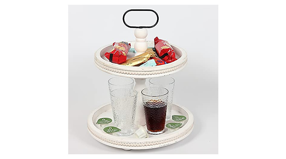 Farmhouse White Two-Tier Tray with Metal Handle for Home Decor