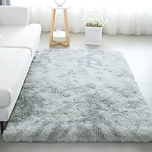 KCHOWUA 4x6 Grey Fluffy Shag Rug for Bedroom,Machine Washable Soft Shaggy Fuzzy Plush Area Rugs for Living Room,Modern Non Slid Kids Rugs for Boys Bed Room Nursery Dorm Carpets,Tie-Dye Light Gray