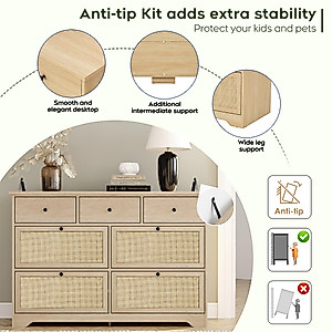 Yechen 7 Drawers Natural Rattan Dresser for Bedroom, Mid-Century Modern Dresser Natural Wood Dressers with Elegant Tabletop, Boho Drawer Dresser TV Stand with Sturdy Base for Living Room, Baby Nursery