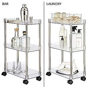mDesign Slim Portable 3-Tier Household Rolling Storage Cart for Bathroom, Kitchen, Craft Room, Laundry Room, Office, and Kid's Playroom - 4 Rotating Wheels - Clear/Chrome
