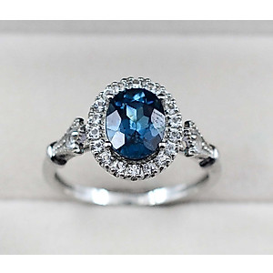 Natural 9X7 MM London Blue Topaz Gemstone Oval Cut 925 Sterling Silver December Birthstone Statement Ring For Engagement Gift (Rhodium Plated Silver, 8.5)