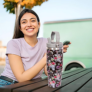 JIU HONG CHAO 30 oz Cow Skull flower Travel Tumbler with Straw Lid, Stainless Steel Floral Travel mug with Handle Insulated Cup West Mother's Day Gifts for Women Mom (Black Bullskull, 30 OZ)
