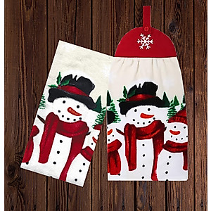 St. Nicholas Square Christmas Kitchen Print Towels, Set of 2, One Hanging Tie-Top with Button Loop Cotton Terry Towel Snowman Family for and Household Red, Black, Beige, Green, Orange 16 x 25 inches