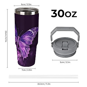 Beautiful Purple Butterfly Floral 30 Oz Tumbler with Handle And Flip Straw, Stainless Steel Vacuum Insulated Travel Mug, Thermal Cup for Coffee, Water, Iced Drinks, Fits Car Cup Holders (Home, Sports)