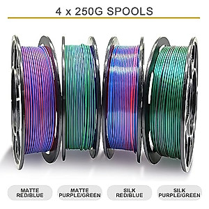 Reprapper 4X 250g Color Pack, Dual Color Filament Coextrusion PLA Filament 1.75mm for 3D Printer & 3D Pen, 4 x 250g Spools Matte Red/Blue, Matte Purple/Green, Silk Red/Blue, Silk Purple/Green