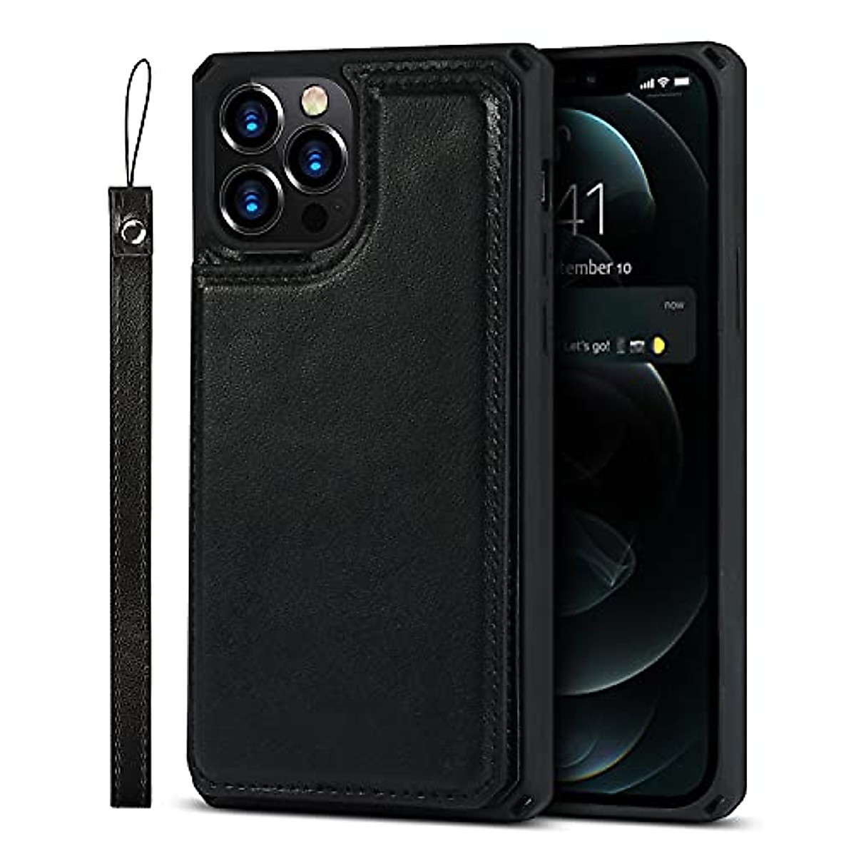 ShunJieTech for iPhone 12 Pro Case,for iPhone 12 Case,[ Credit Card Holder & Slot Wallet Case ] Back Shell Leather Cover Shockproof Protective Case with Strap(6.1")-Black