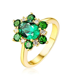 KnBoB Women Flowers Oval Shape 1.67ct Emerald Ring 18K Yellow Gold Promise Wedding Engagement Bridal Anniversary Ring Size 10.5