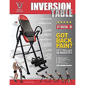 Body Vision IT9550 Deluxe Inversion Table with Adjustable Head Rest & Lumbar Support Pad, - Heavy Dutyup to 250 lbs., Red
