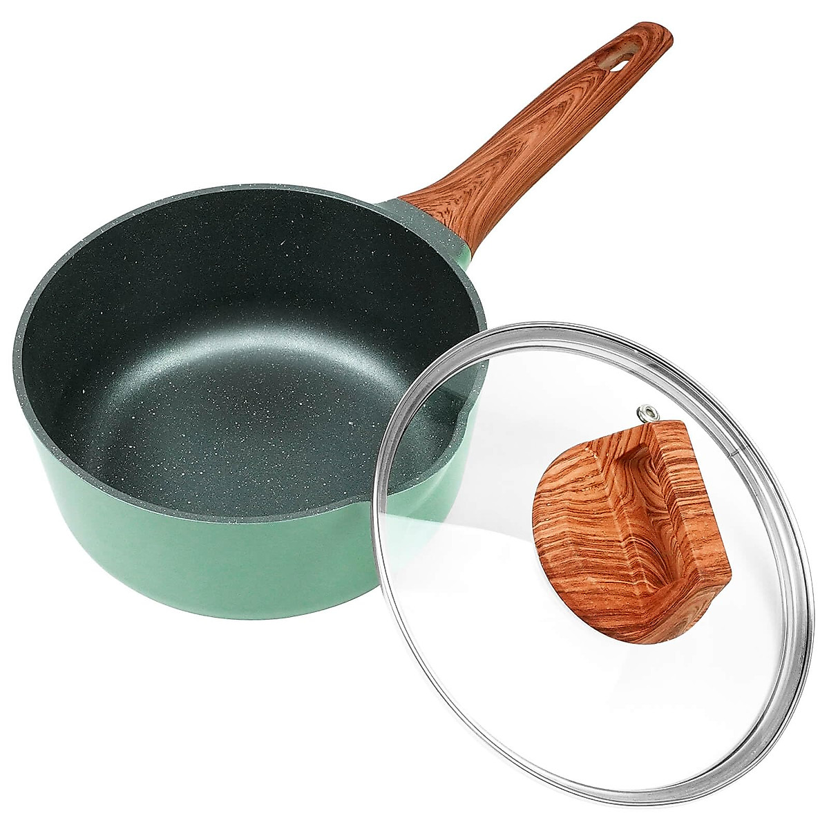 2 Quart Sauce Pan with Lid, Non Stick Saucepan Pot for Cooking with Pour Spout and Handle for Stove,Induction,Gas,Non Toxic,PFOA Free (Granite, green)