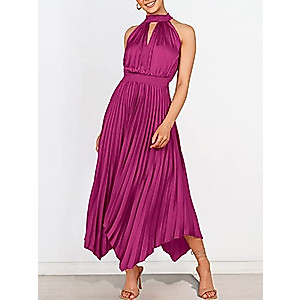 ANRABESS Women's Sleeveless Cutout Halter Neck Satin Formal Dress Smocked Pleated Asymmetric Party Cocktail Maxi Dress Elagant Wedding Guest Evening Graduation Prom Dress 752meihong-M Rose