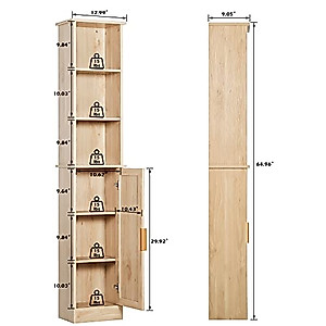 FUQARHY 65'' Tall Bathroom Storage Cabinet Organizer Wood Slim Floor Freestanding Cabinet Linen Tower with Door & 6 Shelves, w/Adjustable Shelves for Home, Bathroom, Kitchen (Natural)