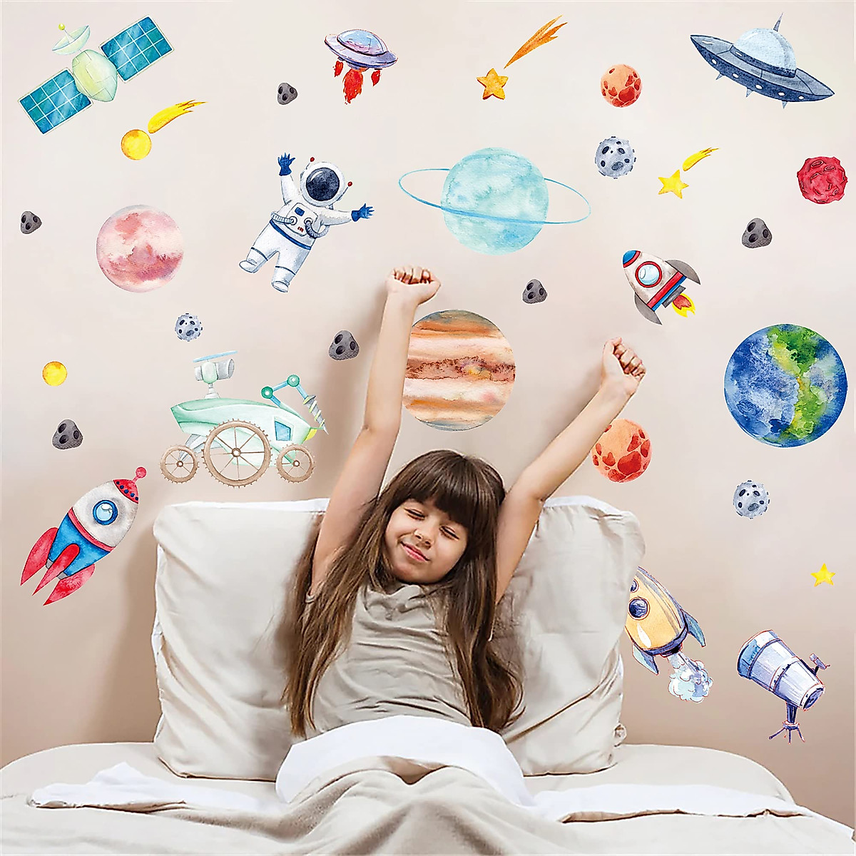 Glow in The Dark Planet and Solar System Wall Stickers for Ceiling,Glow Space Galaxy Wall Stickers Astronaut Rocket Spacecraft Alien Wall Decals for Boys Toddler Kids Bedroom Wall Decor