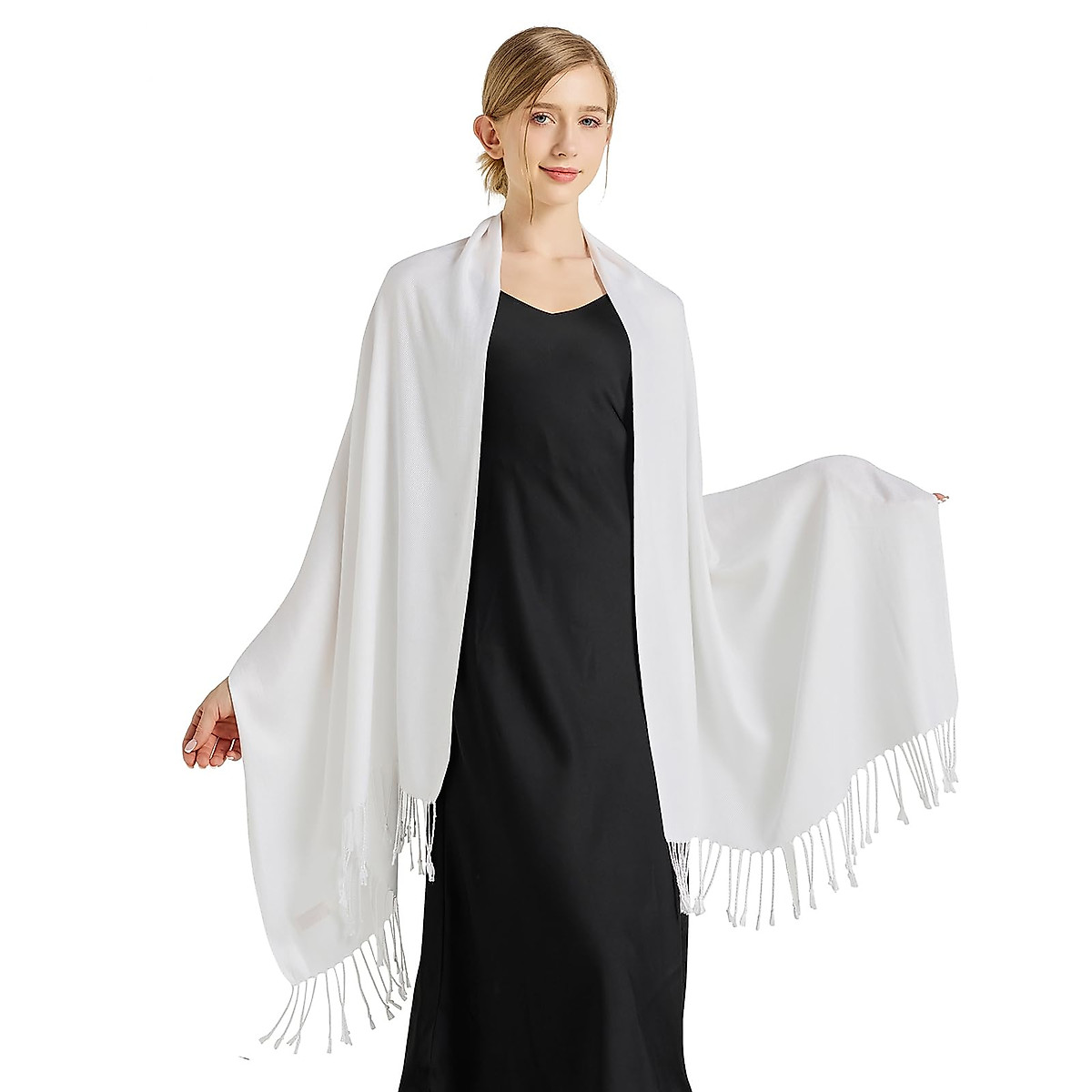 RonFoxi White Silky Pashmina Shawl, Bridesmaid Wedding Shawls and Wraps for Bridal Guest Shawl (US-White)