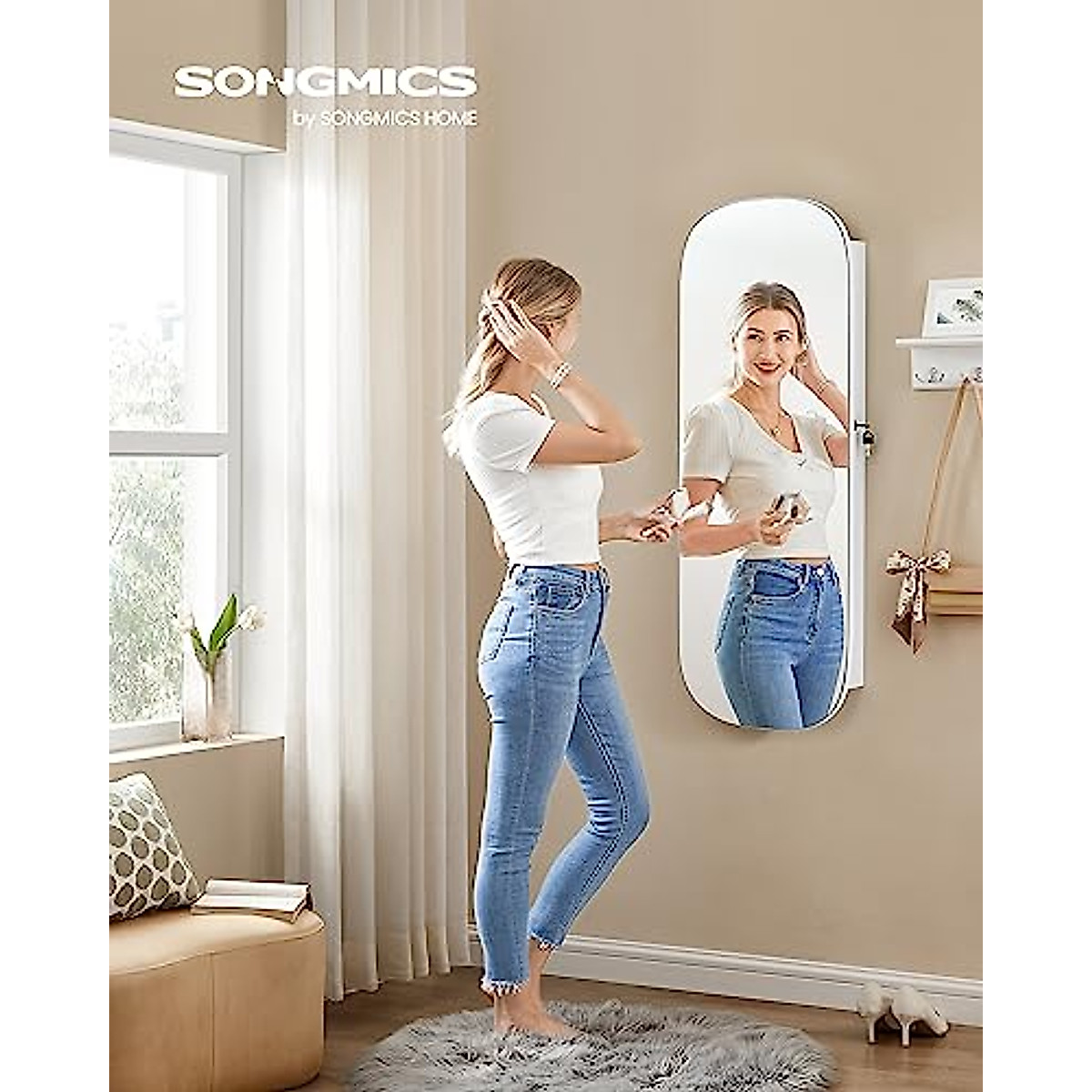 SONGMICS Jewelry Organizer, LED Jewelry Cabinet Wall/Door Mounted, Lockable Rounded Wide Mirror with Storage, Interior Mirror, 3.9 x 16.5 x 42.5 Inches, White Surface with Greige Lining UJJC026W01