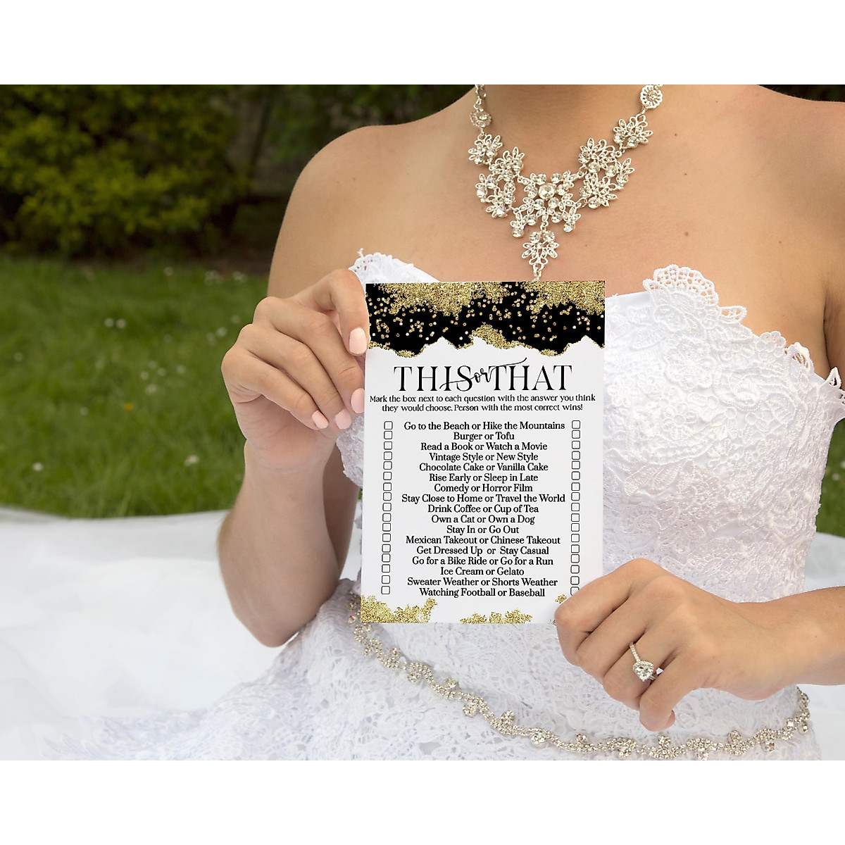 Paper Clever Party Black and Gold Bridal Shower Games - 25 Pack, USA Made, 5x7 Premium Quality Cardstock, Would She Rather Fun Activity for Weddings, Rehearsals, Couples, Birthdays, and Parties