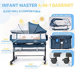 4 in 1 Baby Bassinet, Upgraded Nursery center w/ Diaper Changer, 360° Highly Visible Mesh wall, Comfy Newborn Bassinet with 5 Level Adjustable Height, Portable Baby Travel Crib for baby, Blue