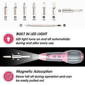 WORKPRO Electric Cordless Screwdriver Set - 4V USB Rechargeable Lithium-ion Battery Screwdriver Kit with LED Light - Small Screwdriver with 7pcs Bits for Home, Office, Apartment - Pink Ribbon