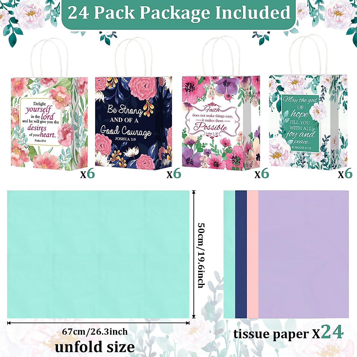 24 Pcs Religious Gift Bags Bible Gift Paper Bags with 24 Tissues Bible Verse Paper Bags with Handles Inspirational Flower Christian Gift Bags for Girls Birthday Wedding Party Baptism Spring Favors