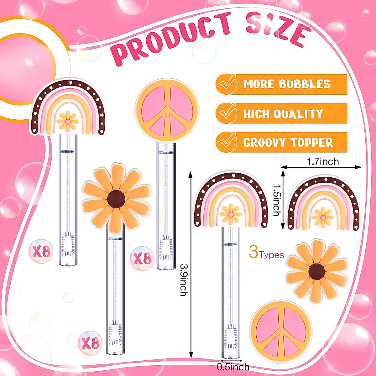 Seenelling 24 Pcs Groovy Hippie Mini Bubble Wand for Kids Boho Rainbow Daisy Peace Sign Bubble Party Favors Assortment Toys for Girls Boys Celebration Birthday Goodie Bag Stuffers Summer Outdoor Gifts