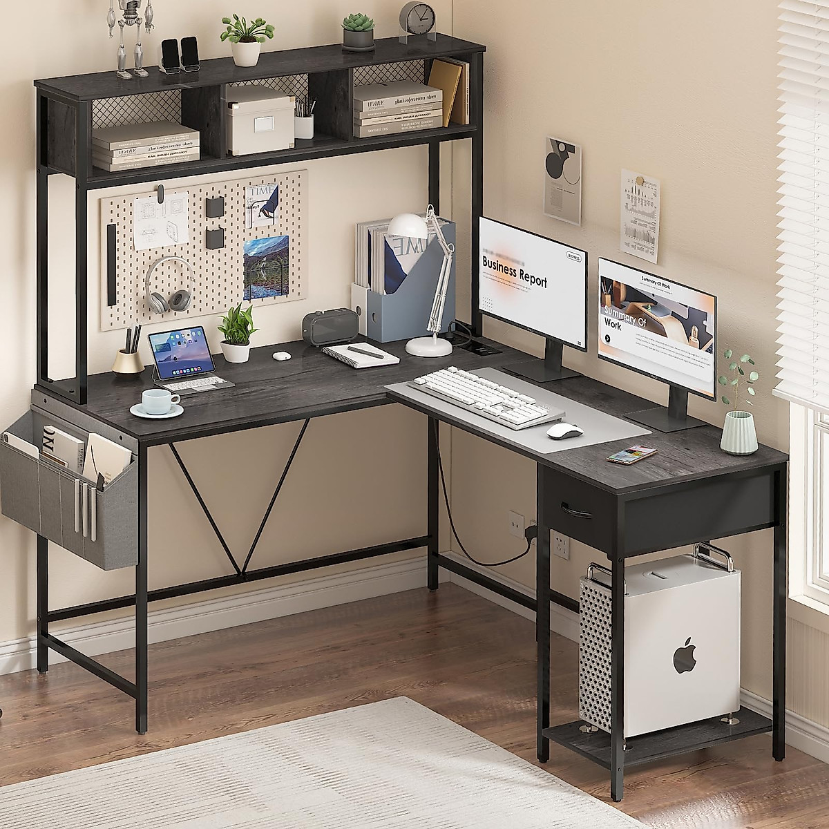 Yoobure L Shaped Desk Gaming Desk with LED Strip & Power Outlet, Reversible L-Shaped Computer Desk with Storage Shelf & Drawer, Corner Desk with Storage Bag, 2 Person Home Office Desk, Gray