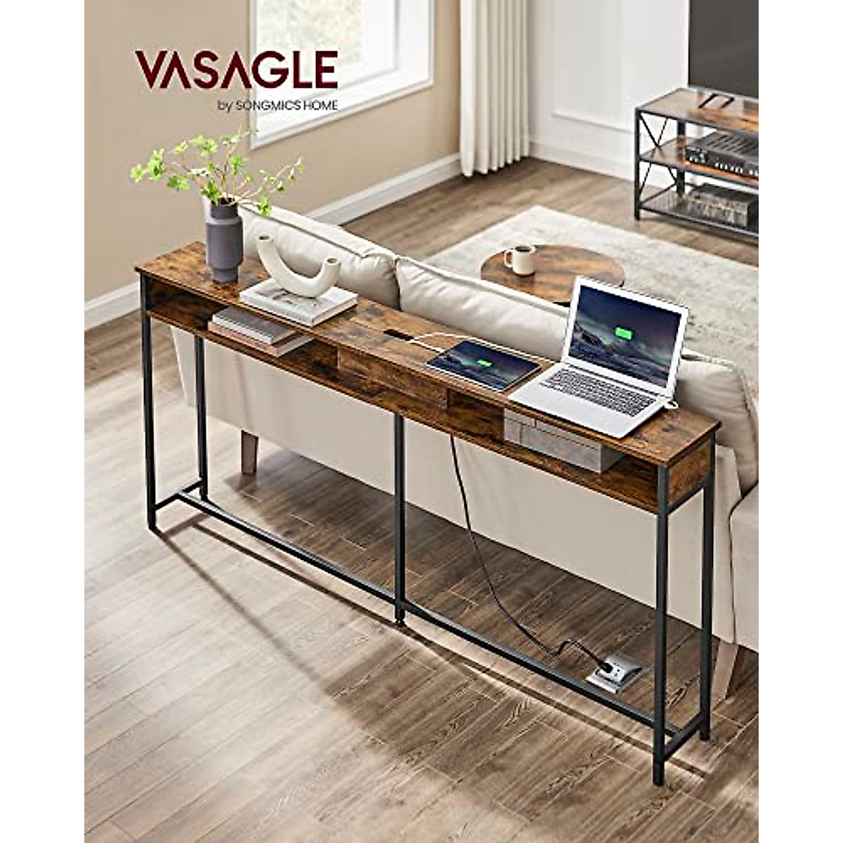 VASAGLE 70 Inch Console Table with Outlet and Shelves, Sofa Table with Hidden Charging Station, Behind Couch Table Skinny, Long Entryway Table for Hallway, Living Room, Rustic Brown and Black