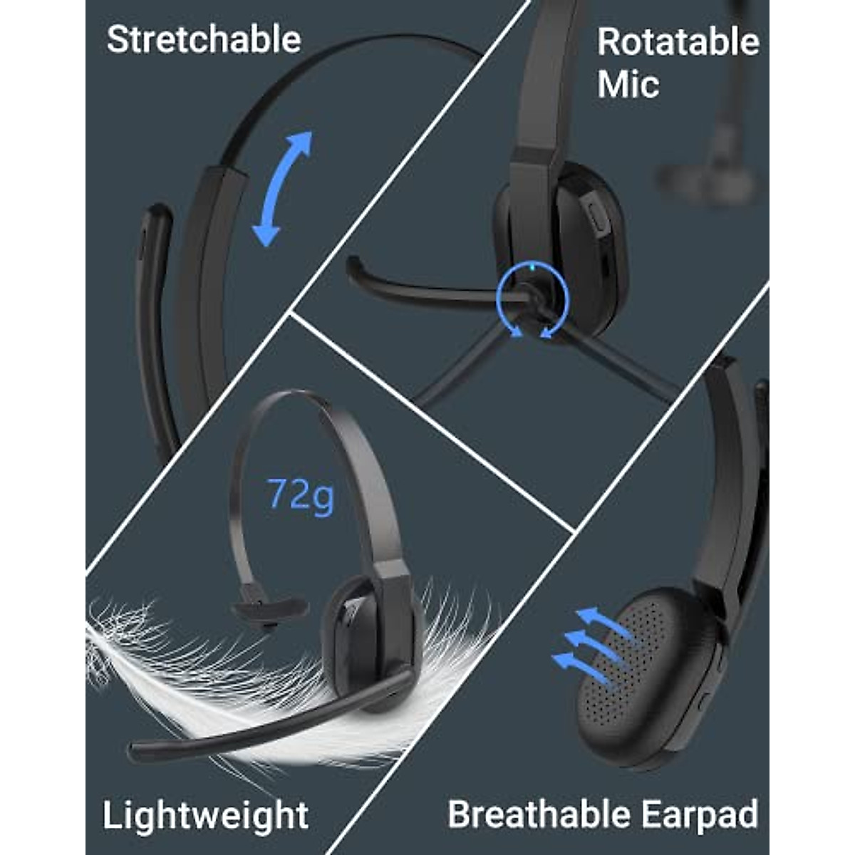 Bluetooth Headset with Microphone, HUAKUA AI Noise Cancelling Wireless Headset with Mute Button 50 Hrs Talk Time, on-Ear Headphones Trucker Headset for Computer PC Tablet Cell Phones Office Home Black