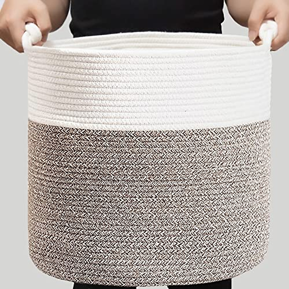 NamRamo Blanket Basket Living Room 15.8" x 15.8" x 13.8", Large Basket Baby Toy Basket, Cotton Rope Laundry Basket with Handle, Rope Basket, Woven Storage Basket, White & Brown Hamper