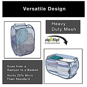 Smart Design Mesh Pop Up Flip Laundry Hamper and Basket - Handles and Side Zipper - Durable Fabric Collapsible Design - Clothes, Toys - Home - Holds 3 Loads - 15 x 25 Inch - Teal