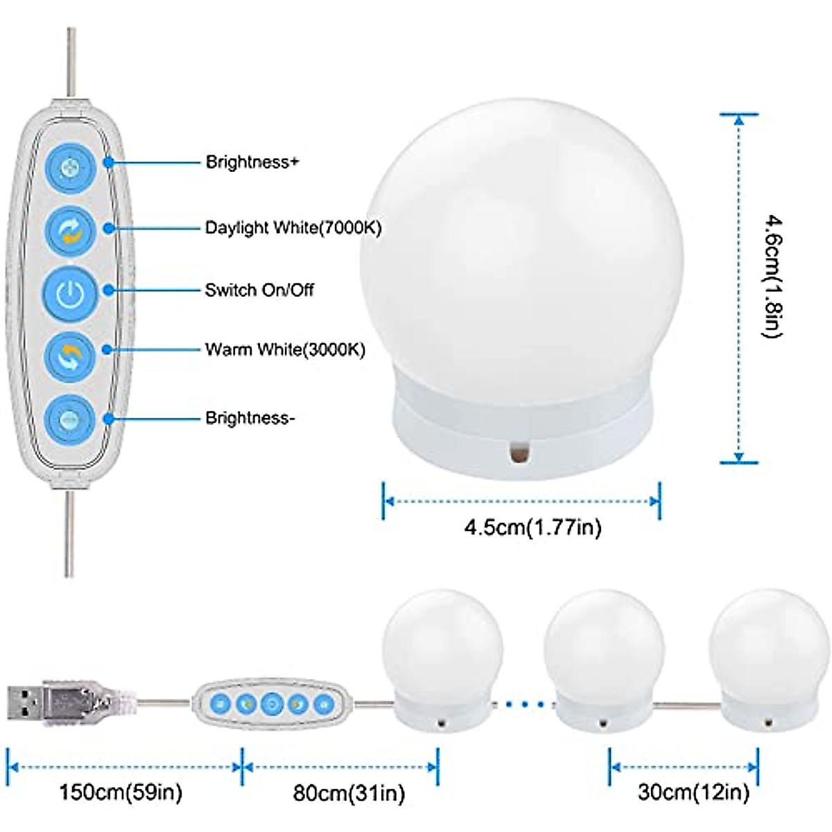 sylvwin Vanity Mirror Lights,Hollywood Style Mirror Lights Kit Dimmable LED Bulbs,Vanity Makeup Light for Dressing Mirror(USB Cable,Not Include Mirror) (10 Bulbs)