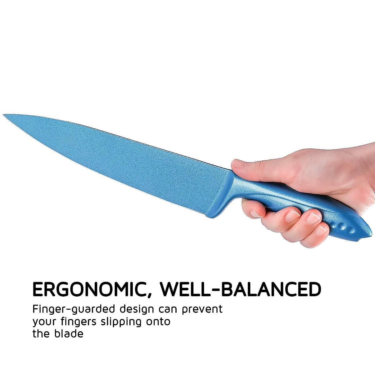 WELLSTER Blue Kitchen Knife Set with Block, 6 Pieces Knives Universal Holder Set, German Stainless Steel Blade Non-Stick Coated Chef Carving Bread Utility Paring Knives