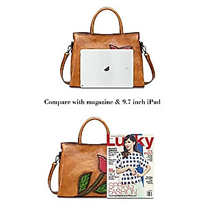 CHERISH KISS Soft Genuine Leather Satchel Bags for Women Purses and Handbags Vintage Embossed Floral Shoulder Bag(K7 Brown)