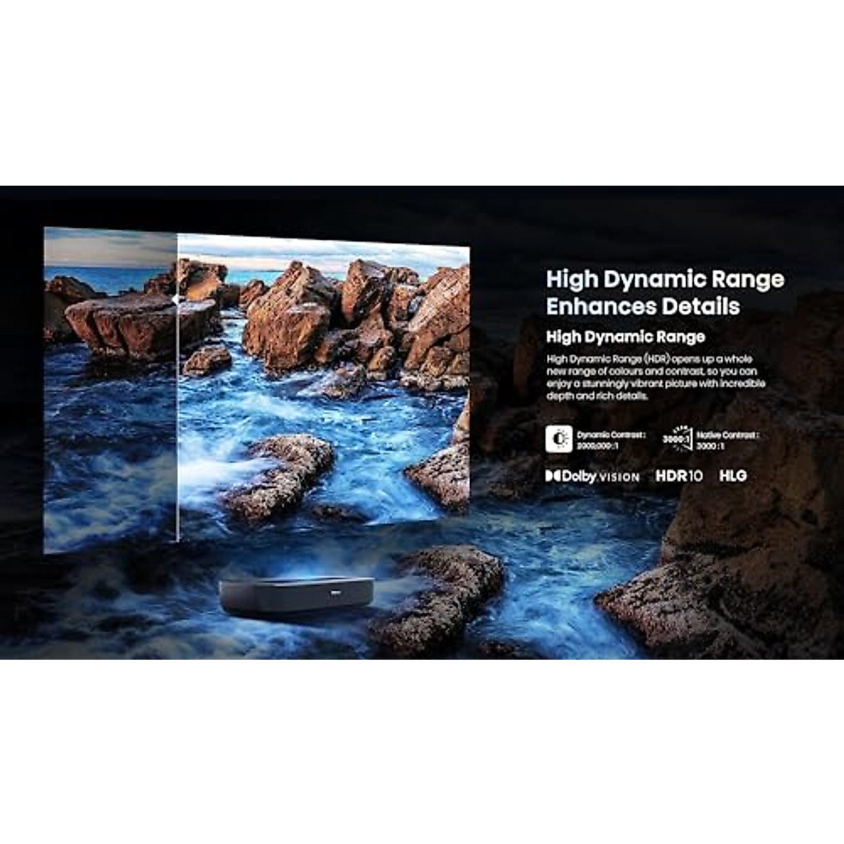 Hisense PL1 Ultra Short Throw Home Theater Smart Projector, 80"-120", 4K UHD, Dolby Vision & Atmos, HDR10, Google TV, Netflix, 2200 ANSI Lumens