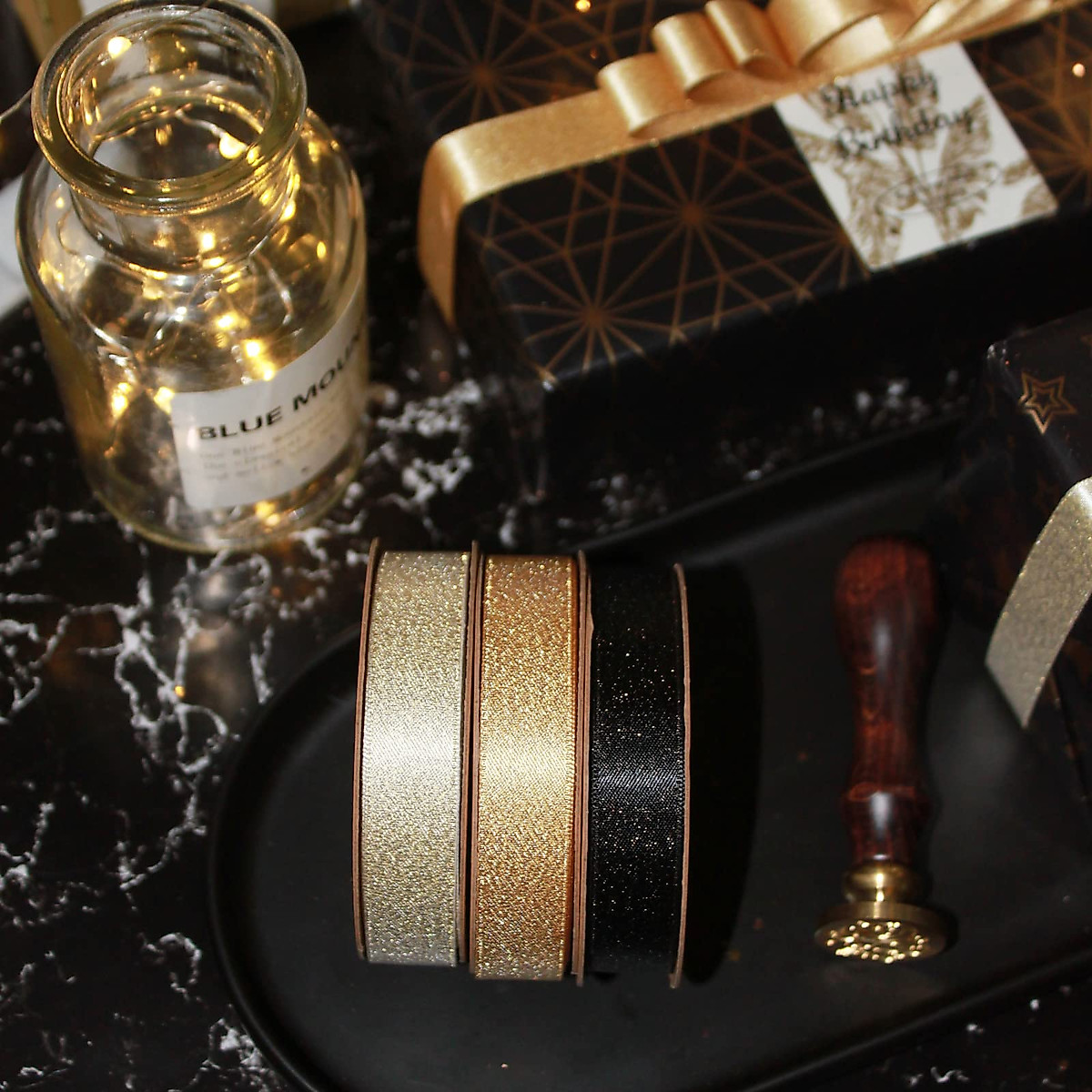 LeZakaa Rose Gold Glitter Satin Ribbon for Wedding, Engagement, Bridal Shower Gift Wrapping - 5/8"x10 Yard/ Roll