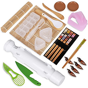 Ajerg Sushi Making Kit - DIY Sushi Roller Mold Maker Kit, Sushi Kit with Bamboo Sushi Rolling Mat, Sushi Bazooka Kit, Rice Mold