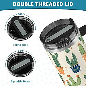 linqin Gigantic Cacti Mint Cream Vacuum Tumbler Insulated with Straw Leak Resistant Flip 40 oz Kids Water Bottle Wide Mouth To Go Coffee Mug for Hiking, Sports, Camp