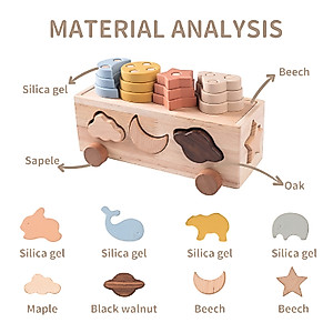 Macabaka 4 Games in 1 Montessori Shape Sorter Toys Blocks Cart Educational Stacking Toys Set with 22 Montessori Toys Accessories Stacking Blocks Toys for Toddlers